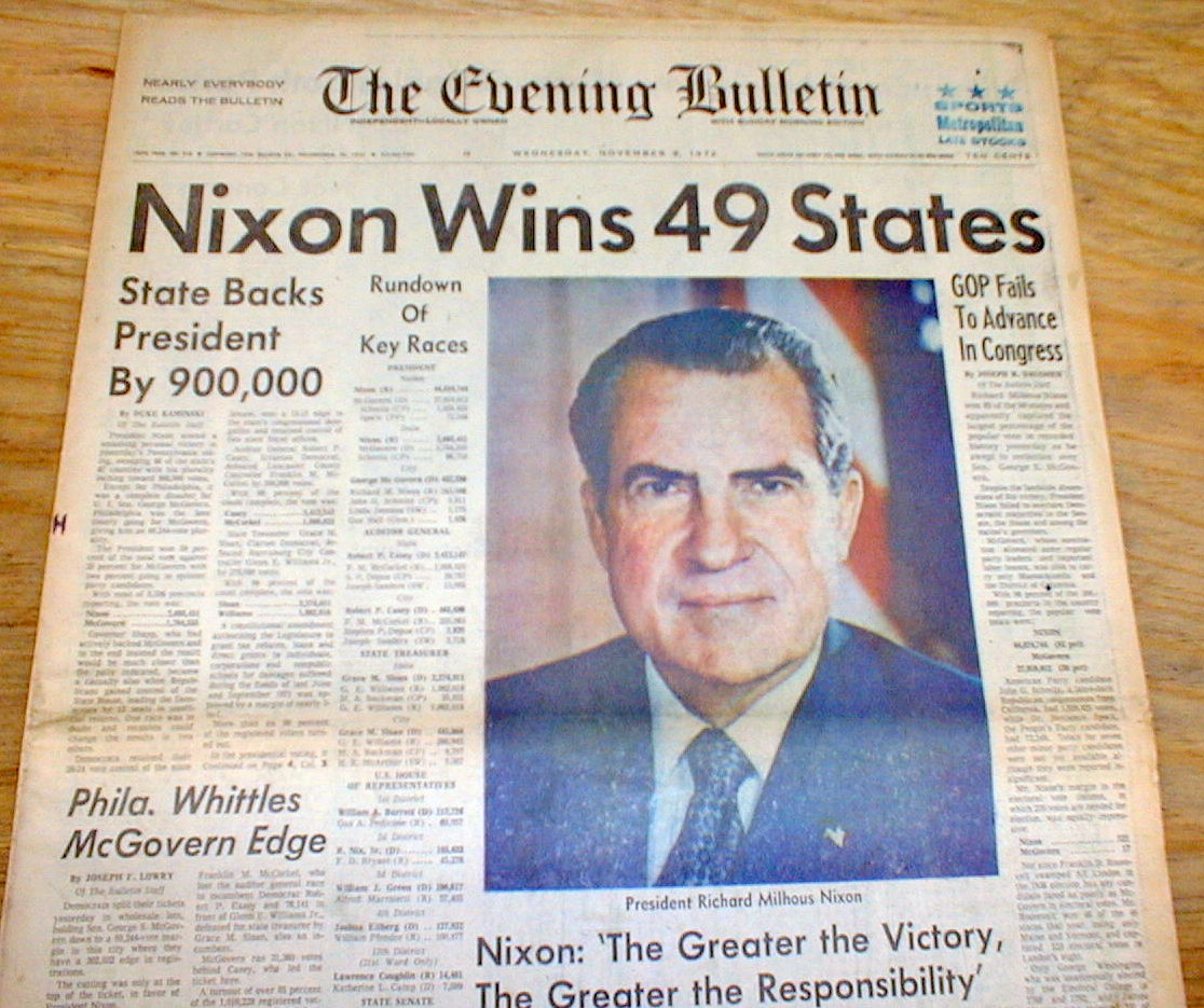 1972 hdline display newspaper RICHARD NIXON Re-ELECTED US PRESIDENT by ...