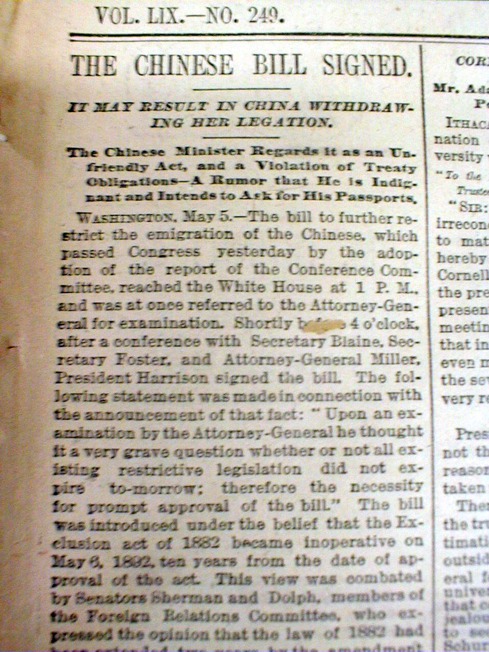 1892 display newspaper CHINESE EXCLUSION ACT bars people from CHINA ...