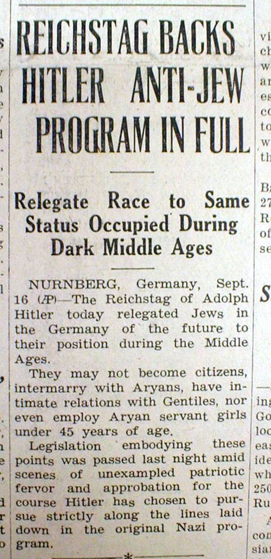 1935 newspaper Judaica HOLOCAUST Nazi Germany passes NUREMBERG LAWS ...